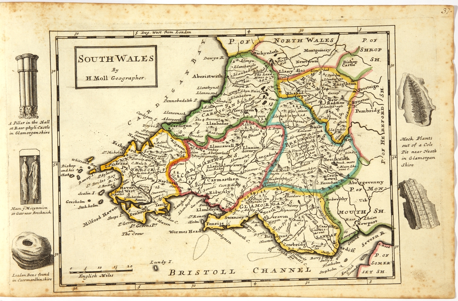 Antique 18th Century Old Map of South Wales (1724), Wales, United ...